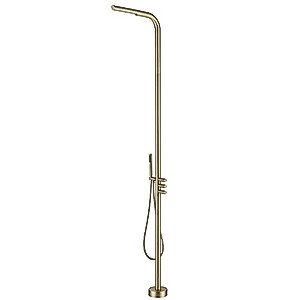 RBROHANT Outdoor Shower Brass Outside Shower Kit for Backyard Garden Pool Beach, Freestanding Outdoor Shower Fixtures with Overhead Shower Head and Hand Shower, Floor Mounted, Brushed Gold, RB0090