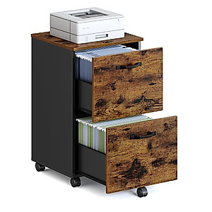 VASAGLE File Cabinet, with 2 Drawers, Mobile Filing Cabinet with Wheels, for A4, Letter Sized Documents, Hanging File Folders, Rustic Brown and Black UOFC040B01