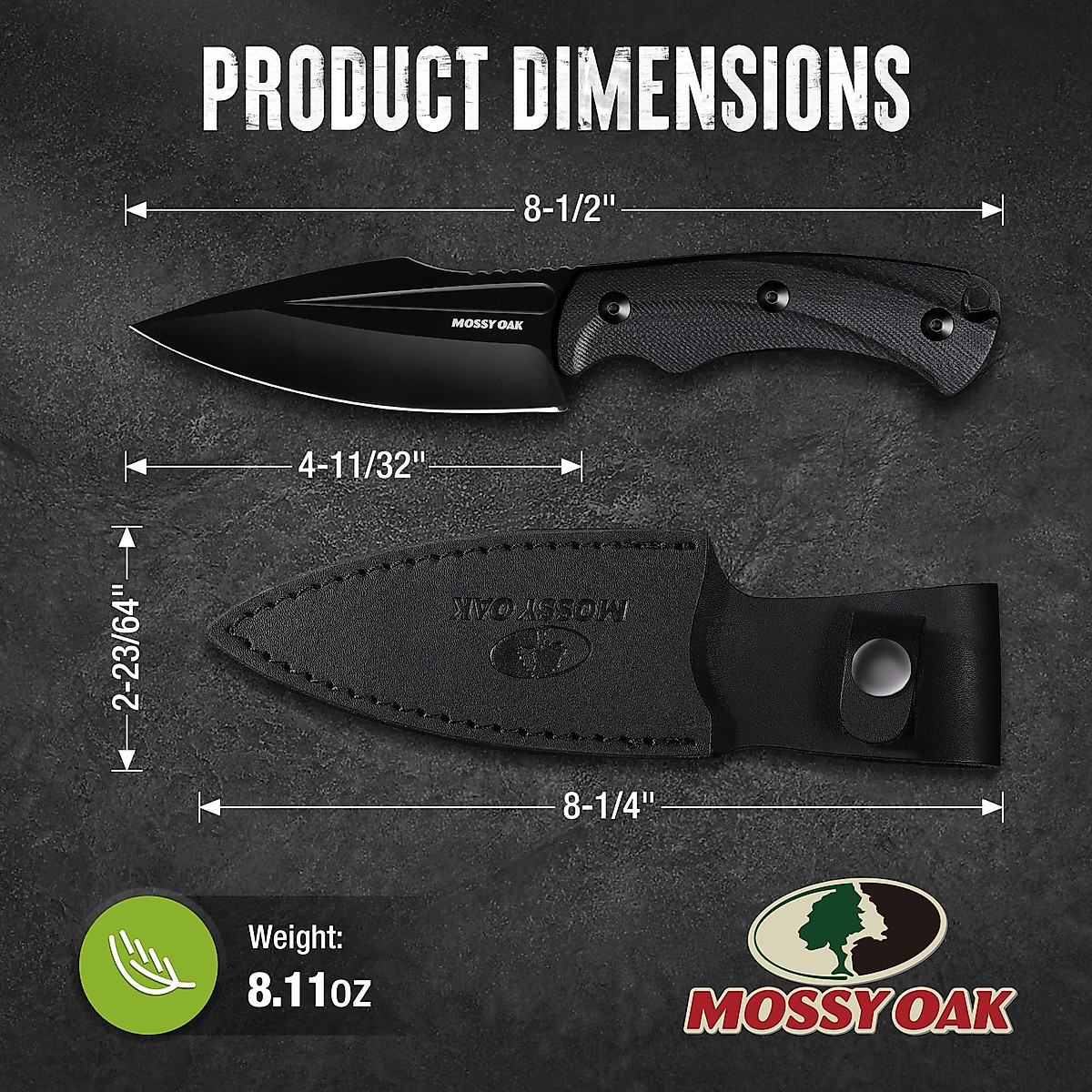 MOSSY OAK Hunting Knife with Sheath, 8.5-inch Full-tang Fixed Blade Knife, Outdoor Knives for Survival, Camping, Hiking (G10 Handle-Black)