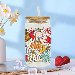 Thanksgiving UV DTF Cup Wrap Transfer for Glass 16oz, Fall Autumn Theme Harvest Pumpkin Maple Leaf Rub on Transfers Stickers Decals for Glass Cups Wood Furniture DIY Waterproof Crafts