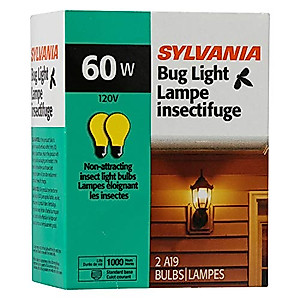 SYLVANIA A19 Incandescent Bulb, Medium Base, Yellow Bug Light, 60W, 2850K, 2 Pack
