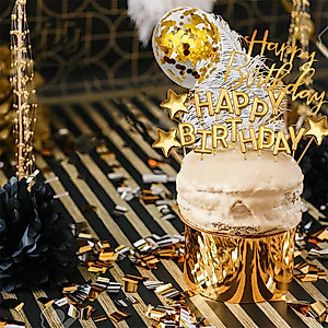 MOVINPE Gold Cake Topper Decoration with Golden Happy Birthday Candles Happy Birthday Banner Confetti Balloon Stars For Rose Gold Theme Party Decor Boy Girl Kid Men Women Birthday Party Baby Shower