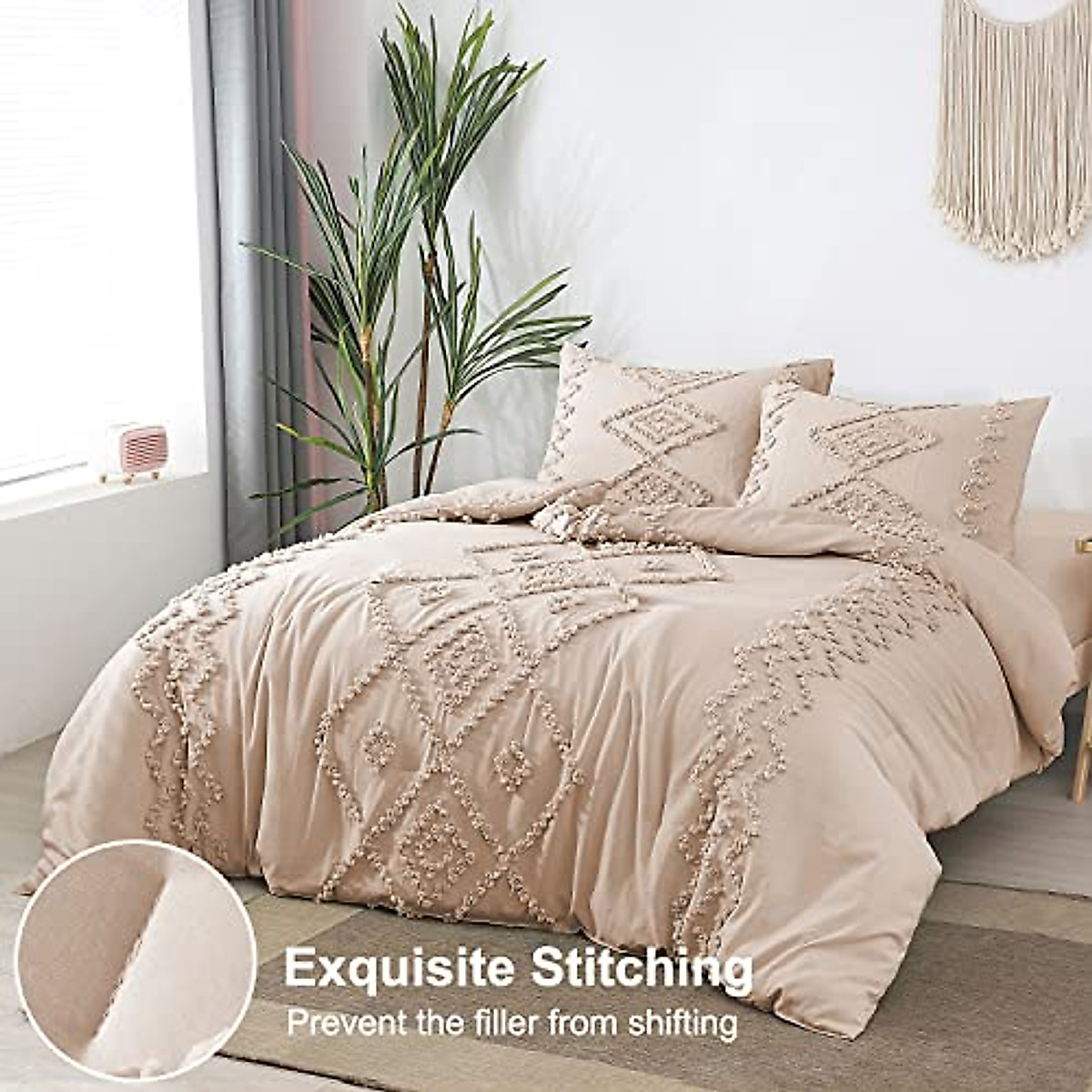 PERFEMET Beige Cream Comforter Set for King Size Bed - 3 Pieces Tufted Boho Farmhouse Bedding Set, Geometric Fluffy Rustic Bed Set for Bedroom