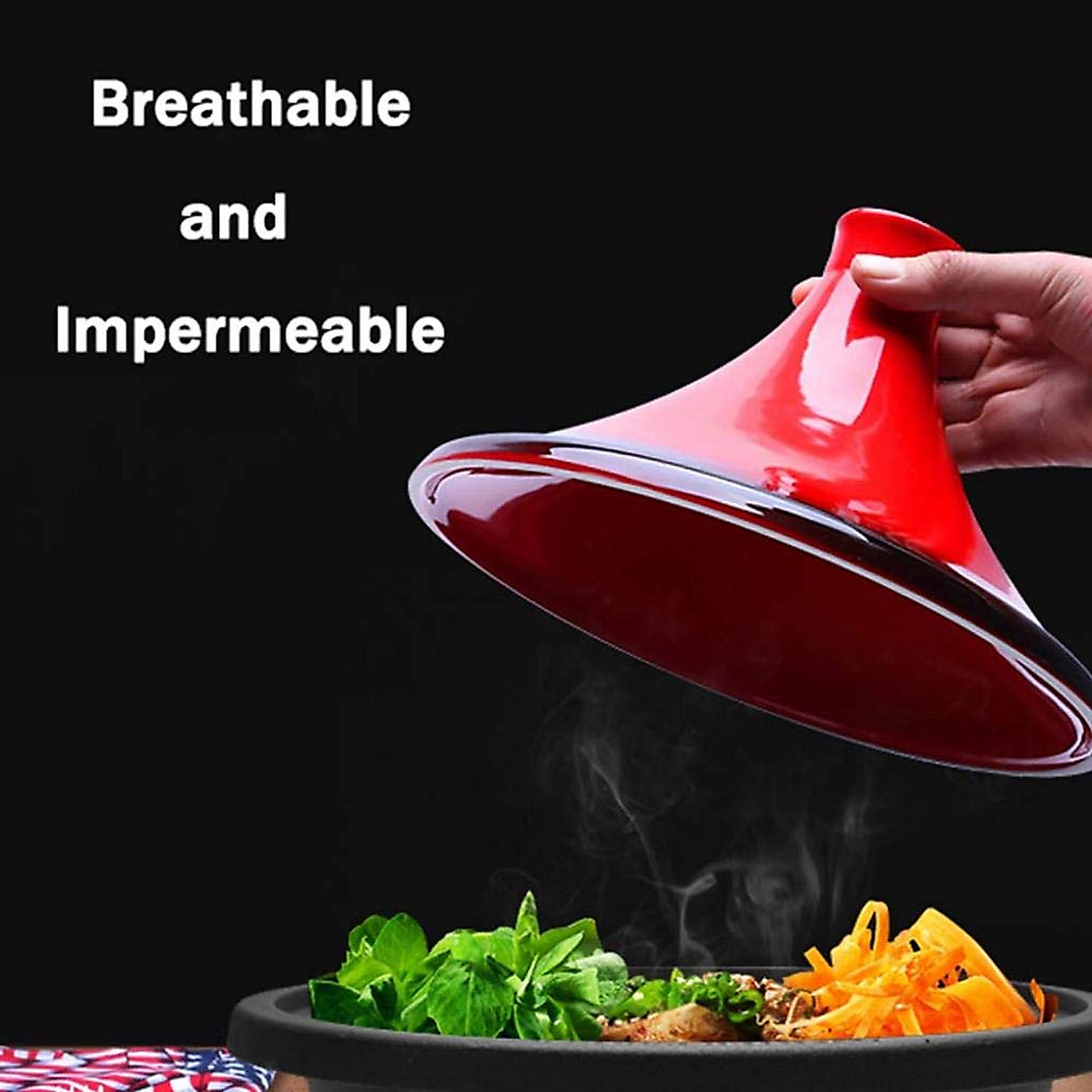 MYYINGBIN 10.2 Inches Moroccan Tagine Clay Casserole Slow Cooker Non-Porous Cone Lid Suitable for 2-5 People, Red