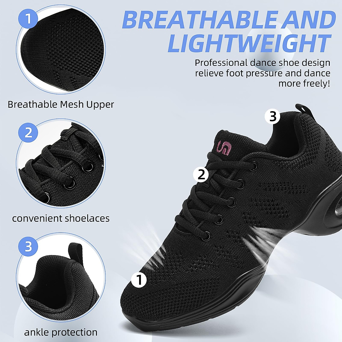 Dance Shoes for Women Jazz Shoes Women Dance Sneakers Breathable Air Cushion Split Sole Athletic Walking Dance Shoes A Black,8.5