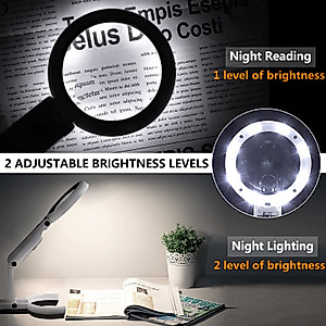 30X 10X Magnifying Glass with Light and Stand, Foldable Handheld Magnifying Glass & 2 level Dimmable for Close Work, Powered by Battery or USB