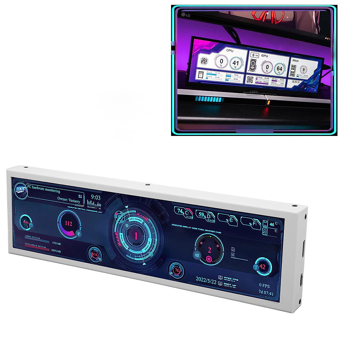 Bewinner 8.8in Computer Temp Monitor, 1920x480 60Hz PC Sensor Panel Display for AIDA64 CPU GPU SSD Data Monitor for RasPi for Linux for Windows