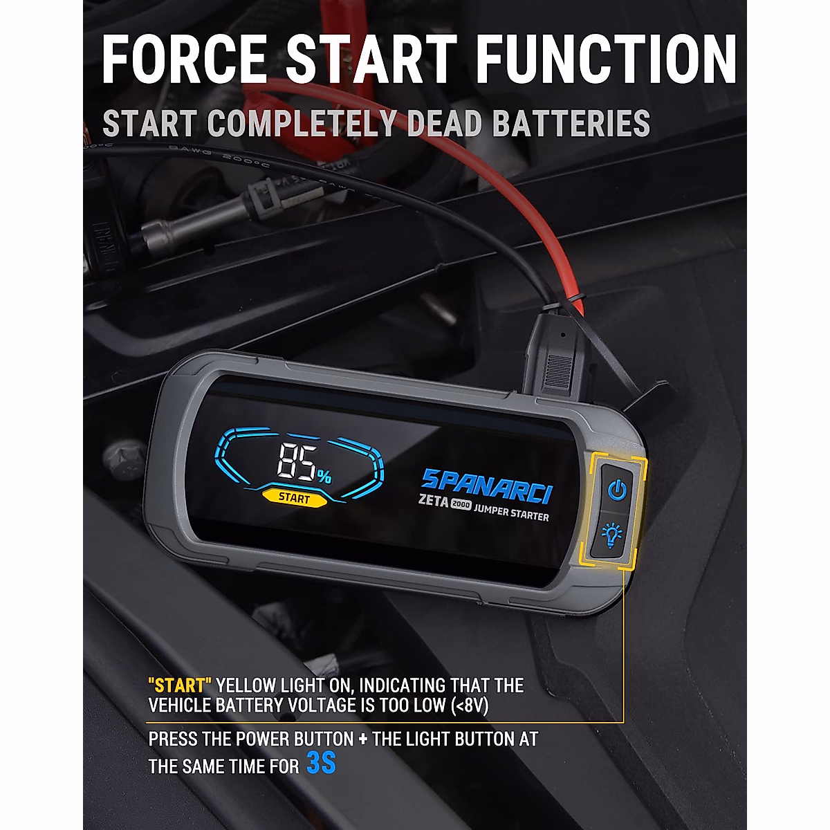 Spanarci ZETA2000 Battery Jump Starter, 2000A Portable Jump Box for Car Battery, 12V Battery Booster for Up to 8.0L Gas and 6.5L Diesel Engines, Lithium Jump Starter with LCD Display (Blue)
