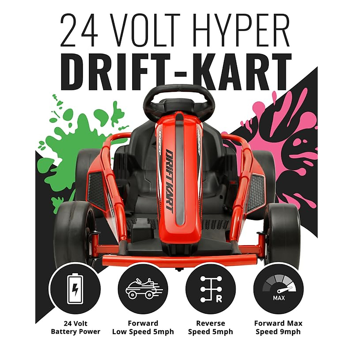 Hyper 24V Ride-On Electric Go Kart for Kids 8-14 Years, 3-Speed Setting with Drift Kart Mode, Foot Accelerated Pedal, Up to 9MPH Speed, 154 Lbs Max Weight, Ergonomic Seat & Sturdy Steel Frame, Red