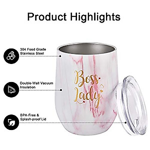Qtencas Boss Lady Wine Tumbler Cupcake Wine Socks Set, Bosses Day Christmas Gifts for Women Boss Mom Female Friends Insulated Stainless Steel WineTumbler with Lid (12 oz, Pink Marble)