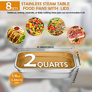 Suttmin 8 Pcs Hotel Pan with PP Plastic Lid Steam Table Pan Stainless Steel Restaurant Pans 1/4 Size Catering Pans Food Prep Pan Restaurant Anti Clogging Steamer for Buffet Hotel (2.5 Inch Deep)