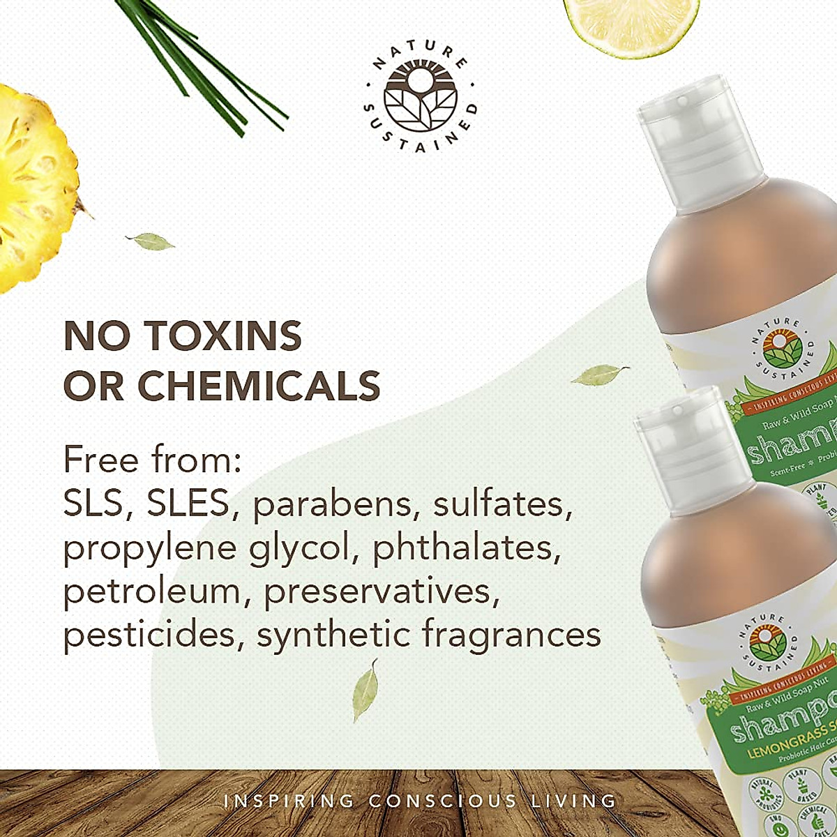 Nature Sustained Organic Shampoo - Raw & Wildcrafted with Probiotics, Hypoallergenic Natural & Sulfate Free Shampoo for Sensitive Scalp, Dry Hair, Dandruff, Eczema & Psoriasis, 9oz, Lemongrass