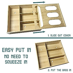 LUDING Ziplock Bag Storage Organizer,Bamboo Ziplock Bag Organizer for Drawer,Compatible with Gallon, Quart, Sandwich and Snack Plastic Bag Organizer Variety Size Bag(1 Box 4 Slots)