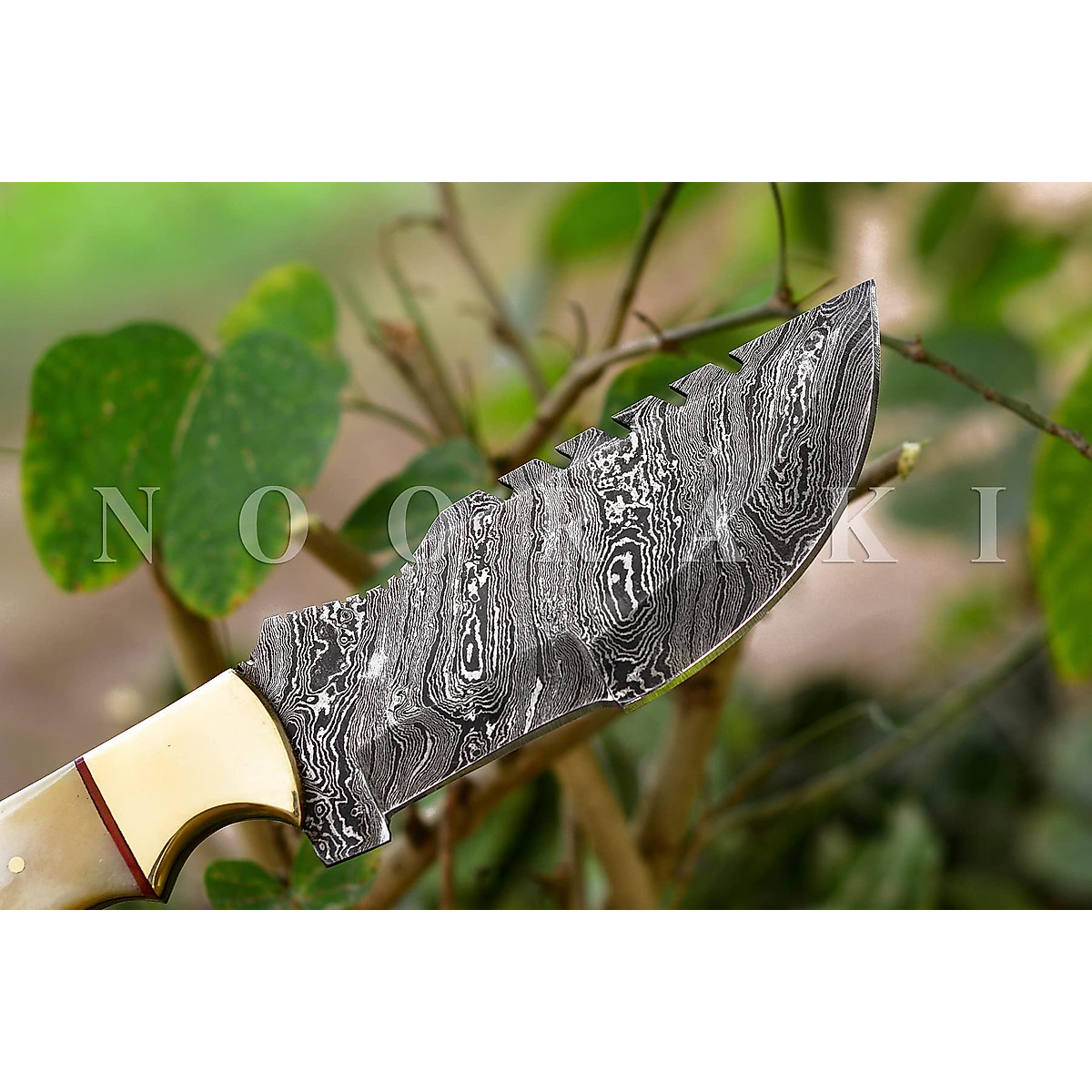Nooraki - 11-inch | Fire Pattern Custom Handmade Damascus Tracker Knife with Camel Bone Handle Hunting knife, Camping knife, Bushcraft Knife, Survival Knife, Full Tang With Sheath #333
