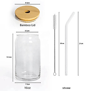 Drinking Glasses with Bamboo Lids and Glass Straw, 4Pcs Cute Tumbler Cup 16oz Can Shaped, Glass Cup, Ideal for: Beer, Iced Coffee, Cocktails, Soda & more, with 2 cleaning brushes.