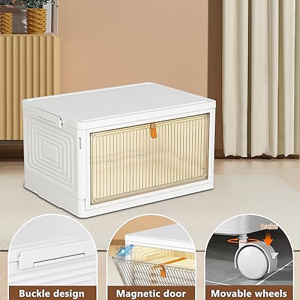 JONYJ Storage Bins with Lids 23Qt, 3 Packs Stackable Storage Bins with Wheels, Magnetic Door, Leather Handle, Plastic Storage Containers for Bedroom, Living Room, Kitchen, Bathroom