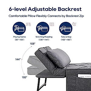 Vonanda Sofa Bed Plus, Convertible Chair 5 in 1 Multi-Function Folding Ottoman Modern Curved Linen Guest Bed with Lock-in Feature for Apartment, Classic Dark Gray