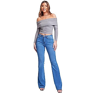 YMI Womens Hyper Denim Basic 5 PKT 1 BTN HR Flare Long Inseam, M08, XL