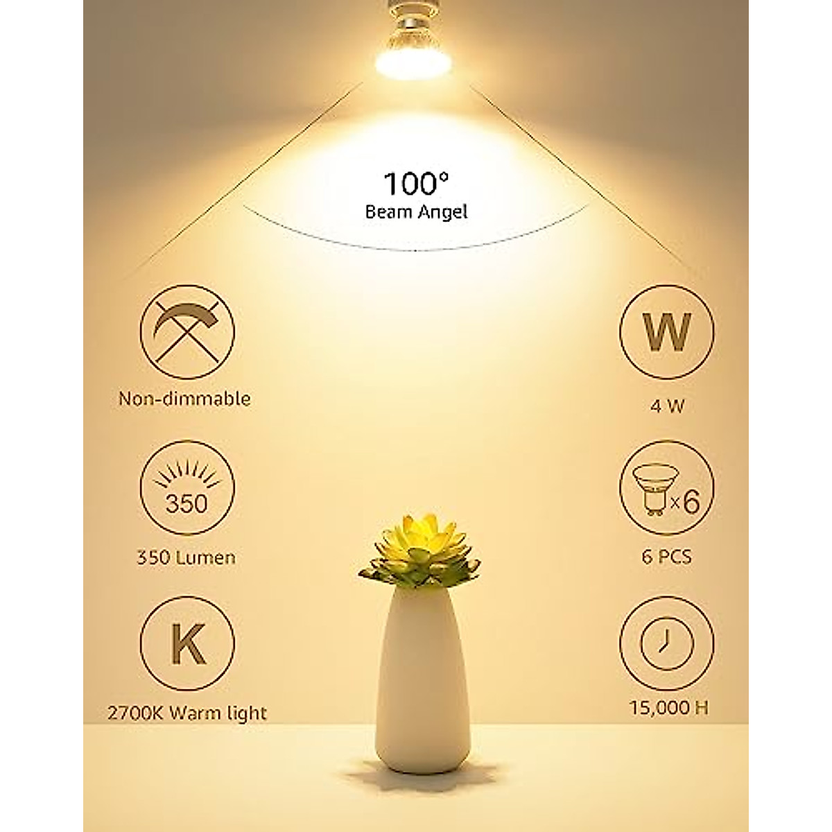 LE GU10 LED Light Bulbs Non-Dimmable, 2700K Soft Warm Light GU10 Bulb Replacement for Recessed Track Lighting, 4W LED Bulbs with 100°Flood Beam for Kitchen, Range Hood, Living Room, Bedroom, 6 Pack