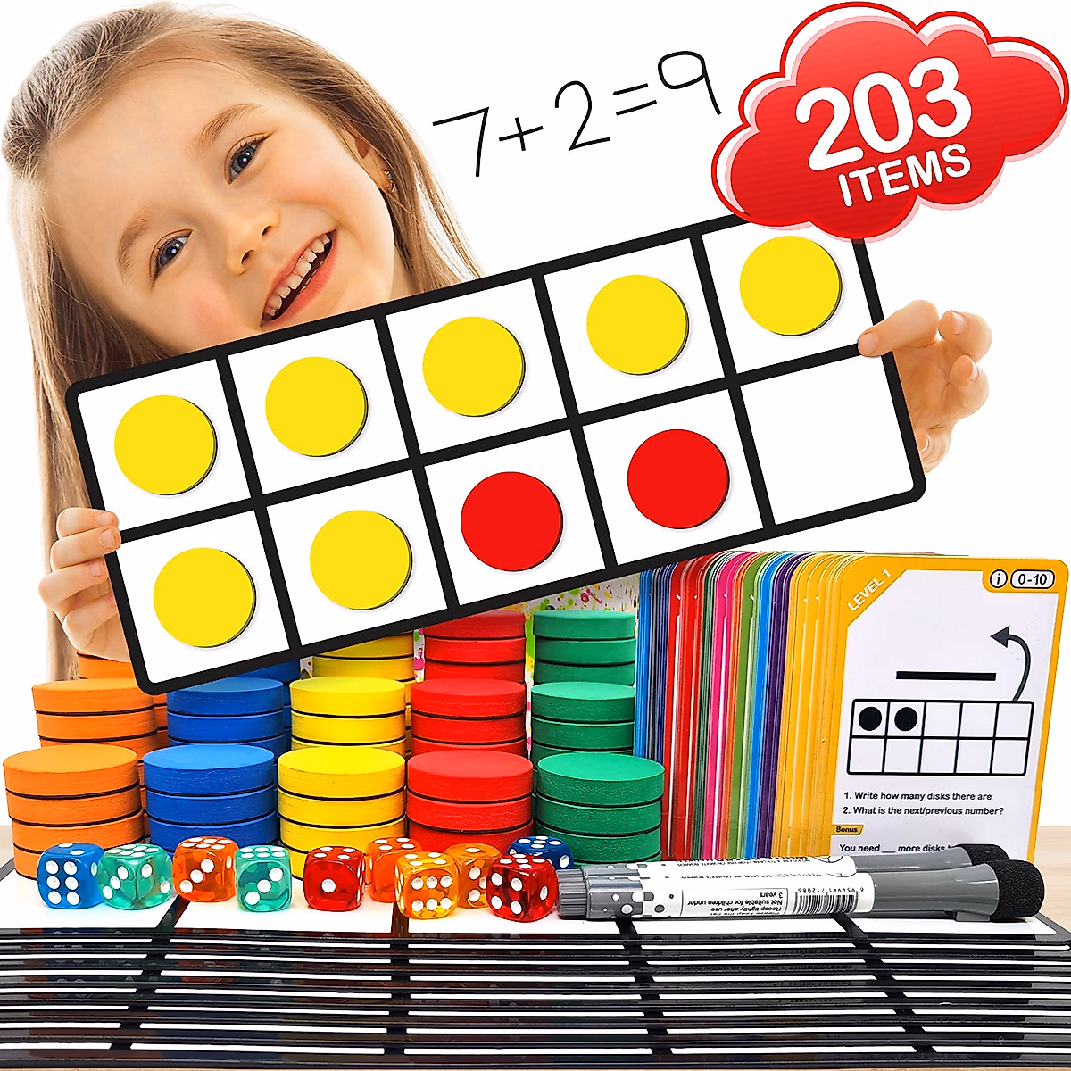 Magnetic Ten Frame Set: 8 Durable Ten-Frames + 100 Colorful Counters + 80 Math Flash Cards + 10 Dice - Addition & Subtraction - Math Manipulatives Kit for Home, Kindergarten & Elementary Teachers