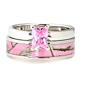 Pink Women`s Stanless Steel Camo and Sterling Silver Tourmaline Engagement Wedding Rings Set (10)