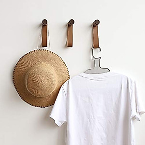 XAOMLP Wooden Hooks with Leather for Wall Mounted Single Hangers, Handmade Craft for Coats Hat Bags Rack 3pcs (Walnut)