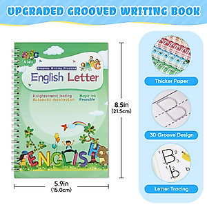 ASIGN Magic Ink Copybooks for Kids Reusable Handwriting Workbooks for Preschools Grooves Template Design and Handwriting Aid (ENLARGED-Version 4books+Pens)