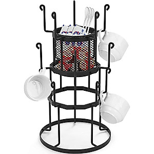 Auledio 3 Tier Countertop Tree Stand Organizer with Storage Basket,15 Mug Capacity Holder for Coffee, Glasses, and Cups, Black