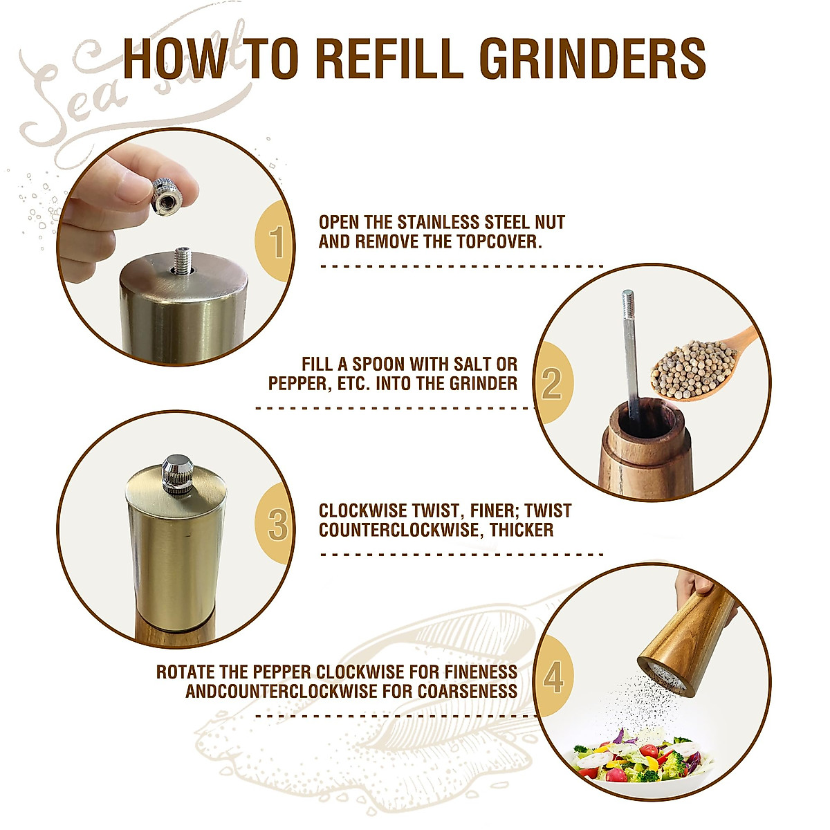 Salt and Pepper Grinder Set,Stainless Steel Manual Salt and Pepper Mill,Adjustable Thickness,Suitable For Kitchen,Barbecue,Picnic,2 Packs