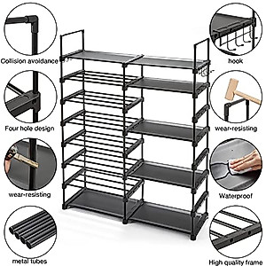 EXQ Home Black Metal Shoe Rack for Closet,8 Tiers Free Standing Shoe Racks for Entryway with Side Hooks,24-30 Pairs Shoe and Boots Shelf, Tall Shoe Organizer for College Dorm, Door and Garage