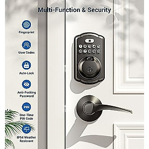 Veise Fingerprint Door Lock with 2 Lever Handles - Keyless Entry Door Lock, Electronic Keypad Deadbolt & Front Door Lock Handle Sets, Auto Lock & 1 Touch Locking, Easy Installation, Matte Black
