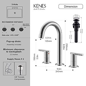 KENES Widespread Bathroom Faucet, Brushed Nickel 2 Handle 8 Inch Bathroom Sink Faucet, Bathroom Sink Faucet 3 Hole Lavatory Vanity Faucet with Pop Up Drain & Water Supply Hoses LJ-9018