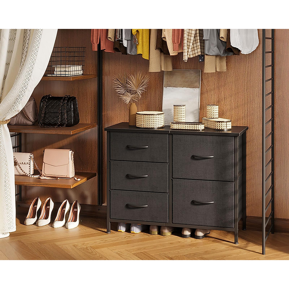 AODK Dresser for Bedroom Dresser TV Stand with 5 Storage Drawers, Small Fabric Dresser Chest of Drawers for Closet Organizer Clothes, Black