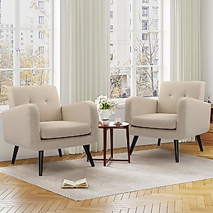 LSSPAID Modern Accent Chairs, Upholstered Fabric Cozy Armchairs, Living Room Side Chair with Solid Wood Legs, Beige
