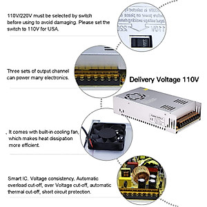 DC 12V 30A Power Supply 360W Universal Regulated Switching AC to DC Converter AC110V/220V (SMPS) Transformer Driver Adapter for LED Strip Light, CCTV Camera Security System, Radio, Computer Project