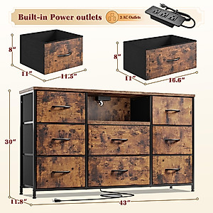 Dresser for Bedroom with Power Outlets, 55" TV Stand Dresser with 8 Drawers, Fabric Dressers & Chest of Drawers for Living Room, Entryway, Rustic Brown