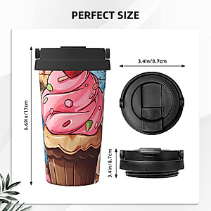 GTKSYNVE Reusable Coffee Mug with Lid and Handle, Cupcakes And Ice Cream Tumbler for Hot & Cold Drinks 16oz Stainless Steel Insulated Coffee Tumblers Double Wall Vacuum Thermal Cup
