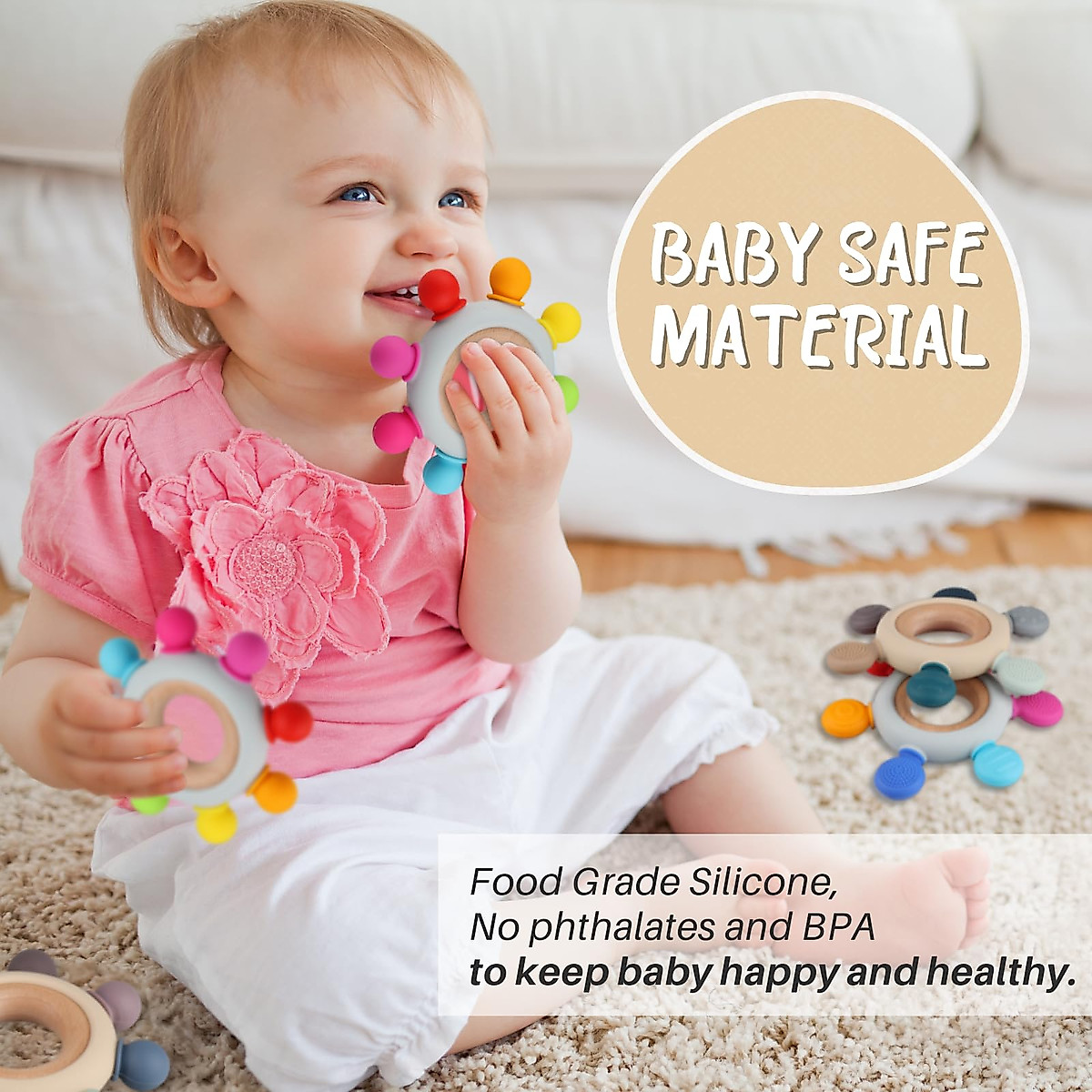 Baby Teething Toys, Silicone Chewable Toys with Organic Wooden Ring for Infants 3+ Months, Silicone Teething Toys for Soothing Sore Gums, Sucking Needs (6 Directions, Khaki)