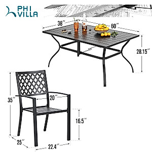 PHI VILLA 7-Piece Metal Patio Outdoor Table and Chairs Outdoor Dining Set - 60" Patio Table with Umbrella Hole and 6 Backyard Garden Chairs, Black