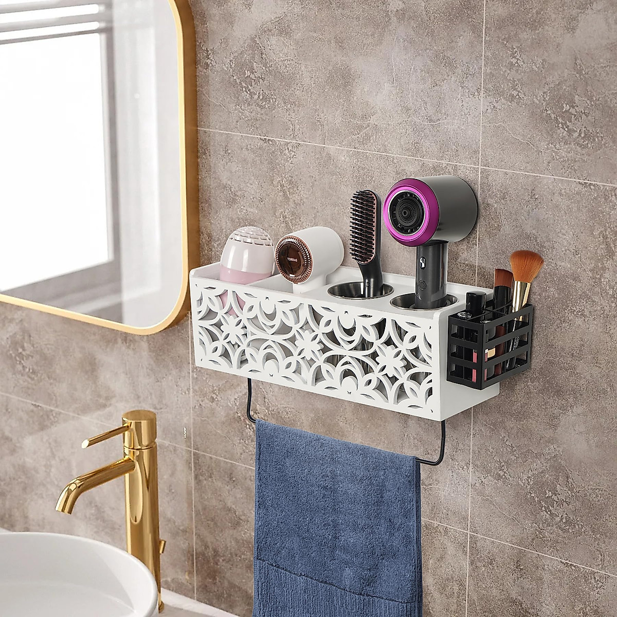 TRSPCWR Hair Tool Organizer Wall Mounted, Hair Dryer and Styling Holder with Towel Bar, Bathroom Blow Dryer Holder with Side Basket, Farmhouse Vanity Caddy Storage Stand for Accessories, Makeup