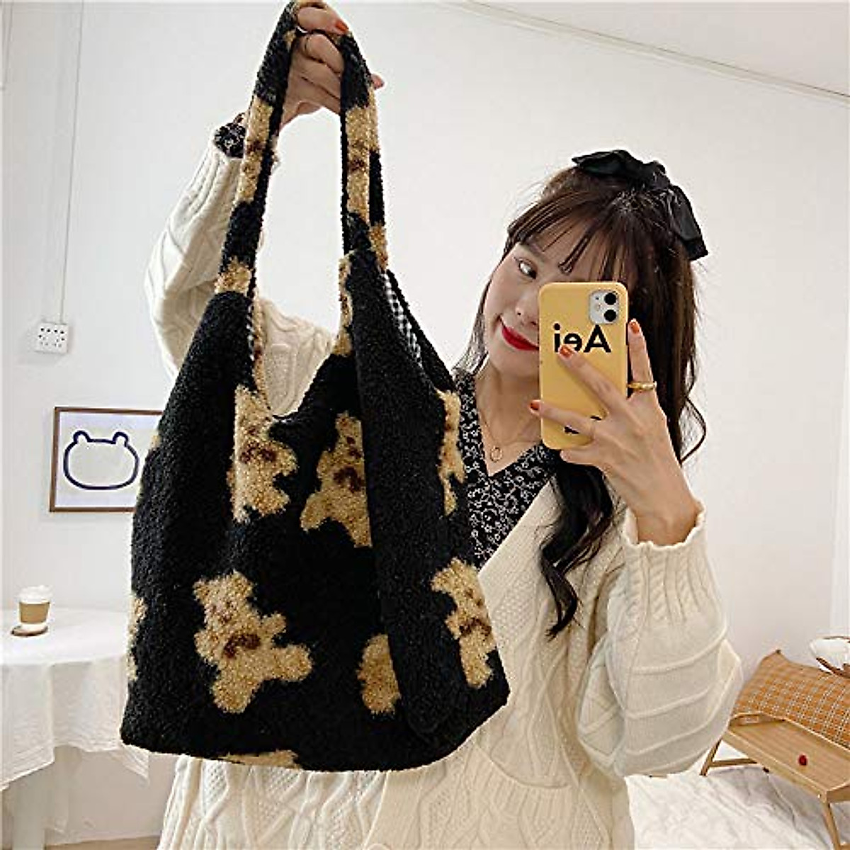 Women Lamb Like Fabric Shoulder Tote Bag Canvas Fluffy Fur Bear Handbags Soft Cute Bag