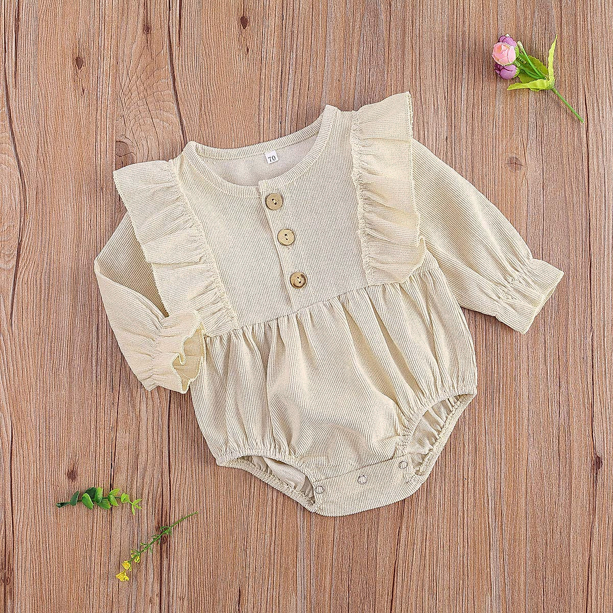 Sasaerucure Infant Baby Girl Clothes Solid Ruffle Long Sleeve Romper Bodysuit Tops One Piece Jumpsuit Fall Winter Outfit (Apricot, 0-3 Months)