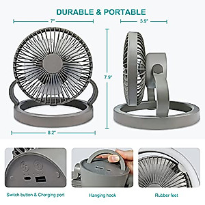 Teioe Camping Fan with LED Lantern, 8000 mAh Battery Operated Tent Fan with Hook, Rechargeable Table Fan for Camping, Fishing, Jobsite, Office, Emergency (Grey)