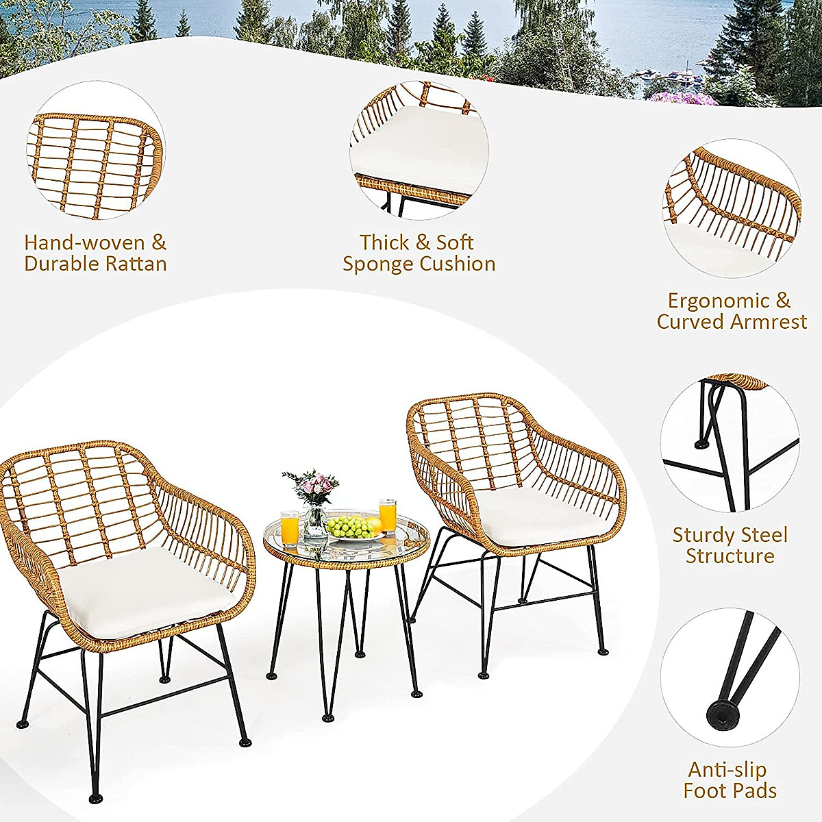 topment Bistro Table and Chairs Set of 2, Outdoor Patio Rattan Chair & Tempered Glass Coffee Table Set w/Removable Washable Beige Cushion Cafe Set for Indoor Balcony, Poolside, Garden (Pale Brown)