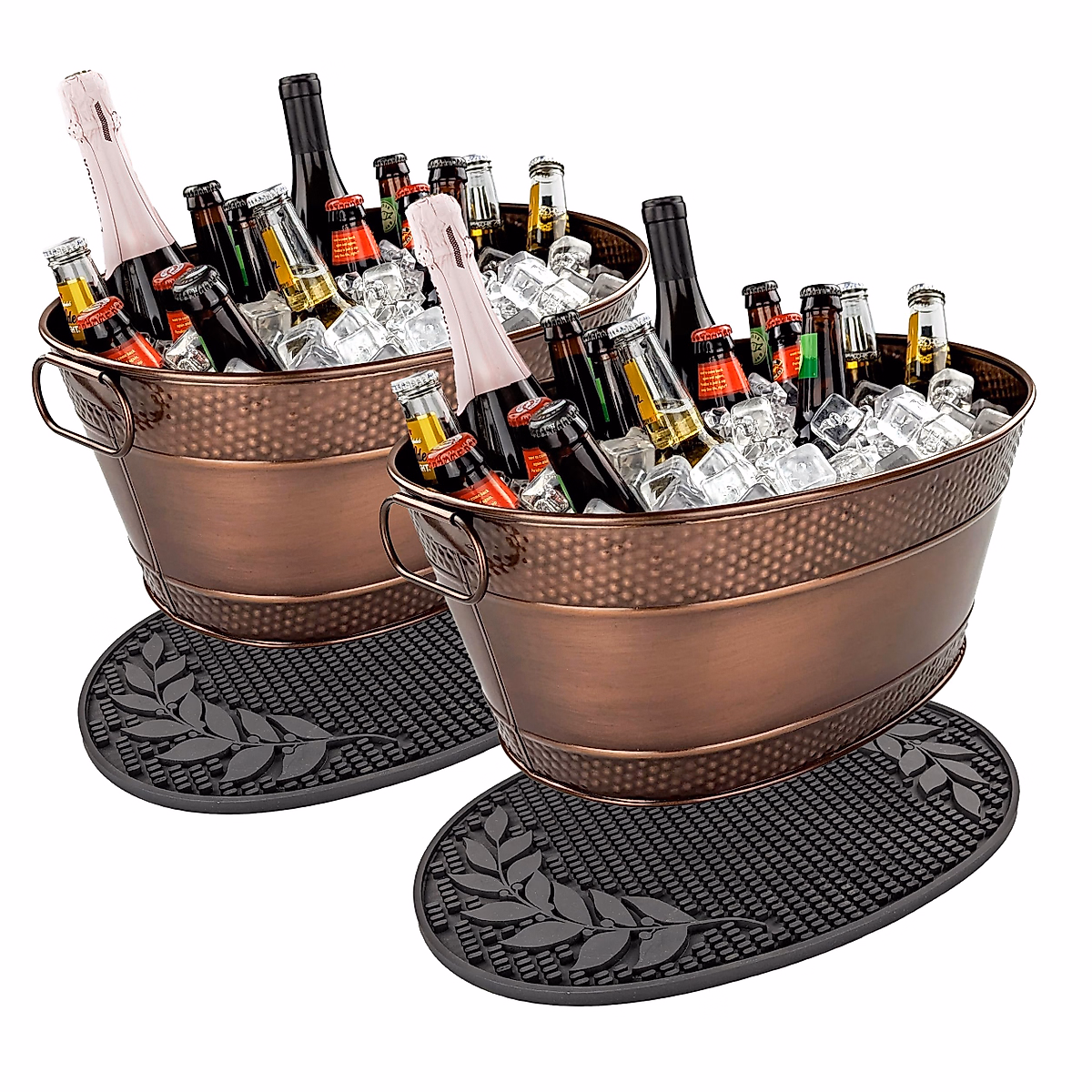 BREKX Copper Finish Drink Tubs + Insulated Party Mats for Parties, Oval Ice Buckets for Parties (Set of 2 tubs + 2 Bar Mats), Drink Buckets for Parties with Drip Mat for Cocktail Bar