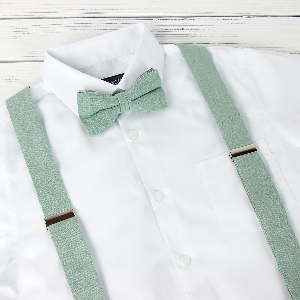 Spring Notion Mens' Linen Blend Suspenders and Bow Tie Set for Groomsmen Wedding, Sage 42 Inch