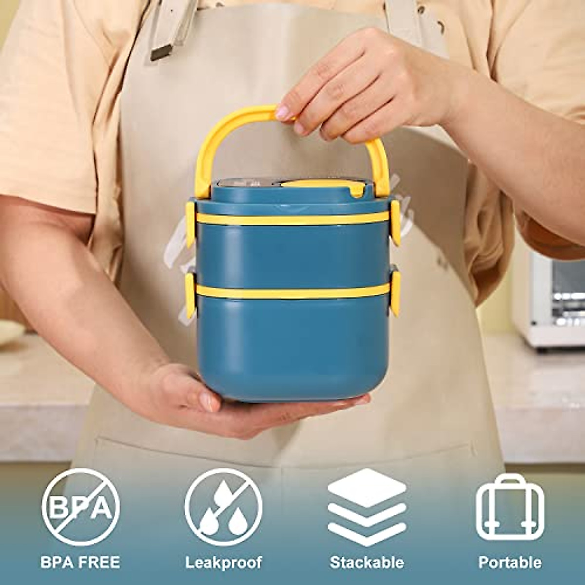 Stackable Lunch Container for Adults with 45oz Stainless Steel Salad Container for Lunch Bento Box, Leak-Proof Durable All-in-One Lunch Box Built In Divider, Spoon, Dressing Container (Blue)