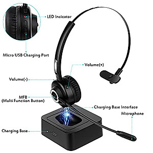 Heroanky Bluetooth Headset, Car Wireless Headset with Microphone Charging Base, Trucker Bluetooth Headset V5.0 Noise Canceling Hands Free Headphone for Home Office Call Center Skype
