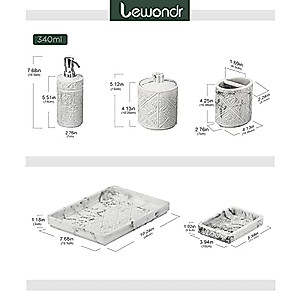 Lewondr Bathroom Accessories Set, 5-Piece Resin+Grit Embossed Bath Countertop Set with Vanity Tray, Soap Dish, Soap & Lotion Dispenser, Cotton Jar, Divided Toothbrush Holder - White