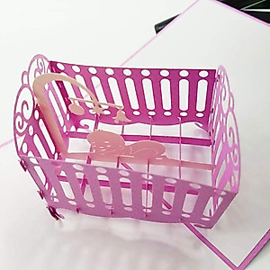 POP CARD EXPRESS Girl Baby Crib Pop Up Card, Pop Up Congrats Greeting Cards for Newborn Babies, Gifts for New Parents, Baby Shower Baby Crib Pop Up Card (Pink)